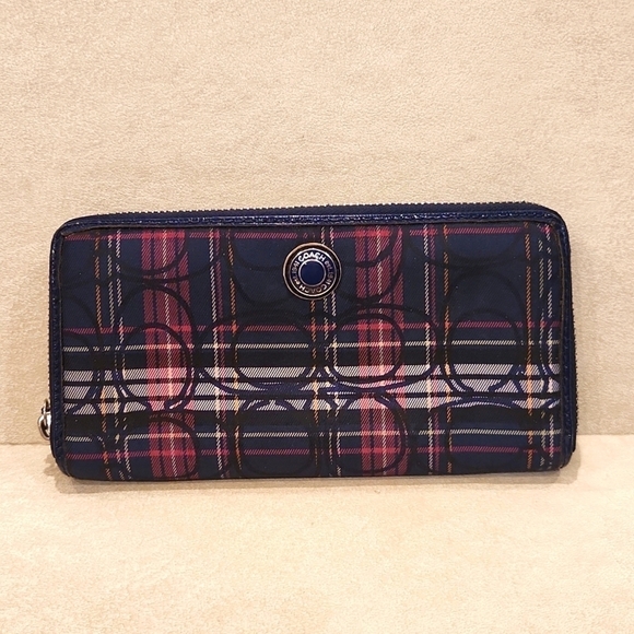 Coach | Bags | Coach Signature Jacquard Pink Plaid And Blue Leather ...